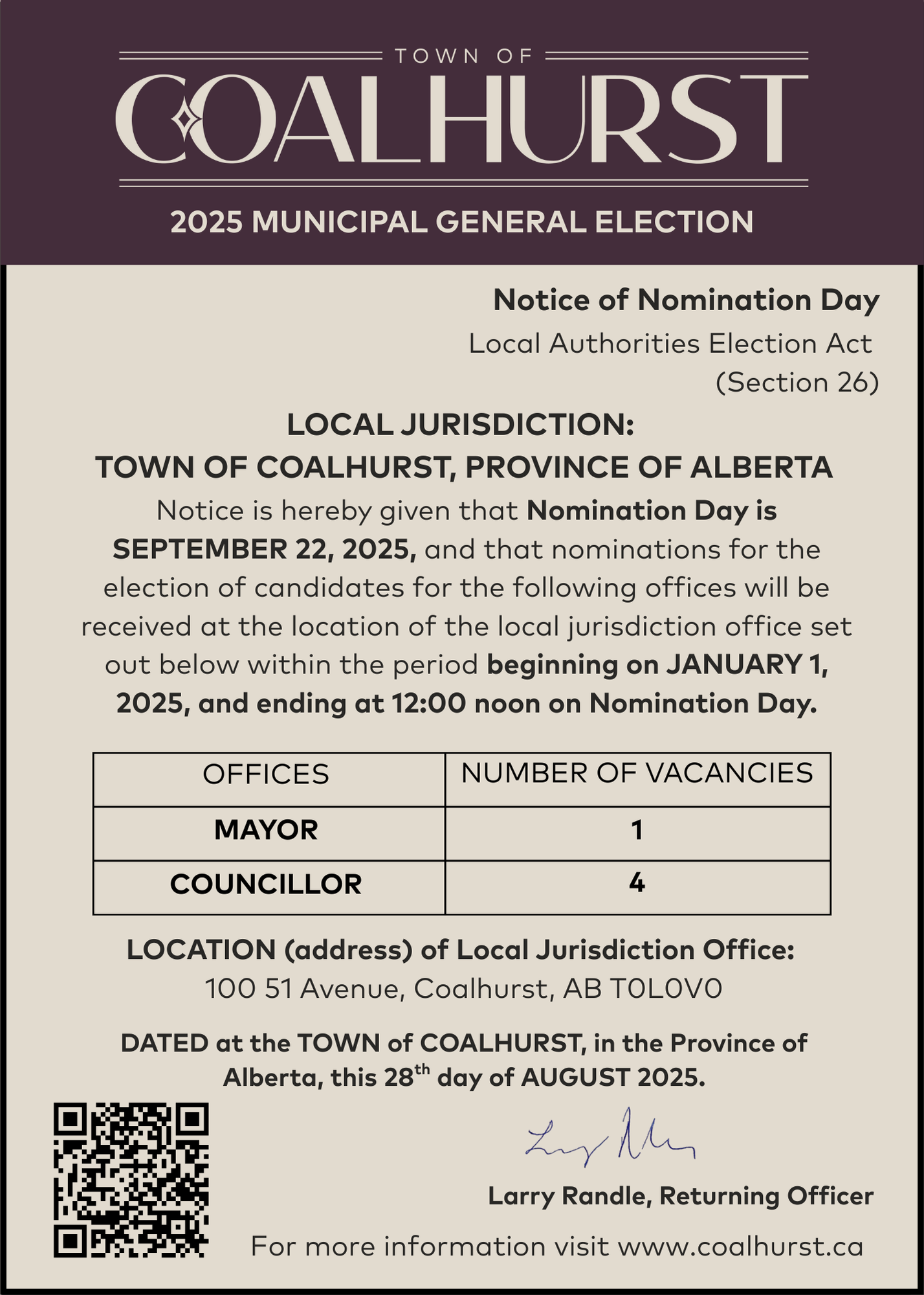 2025 MUNICIPAL ELECTION – Town of Coalhurst